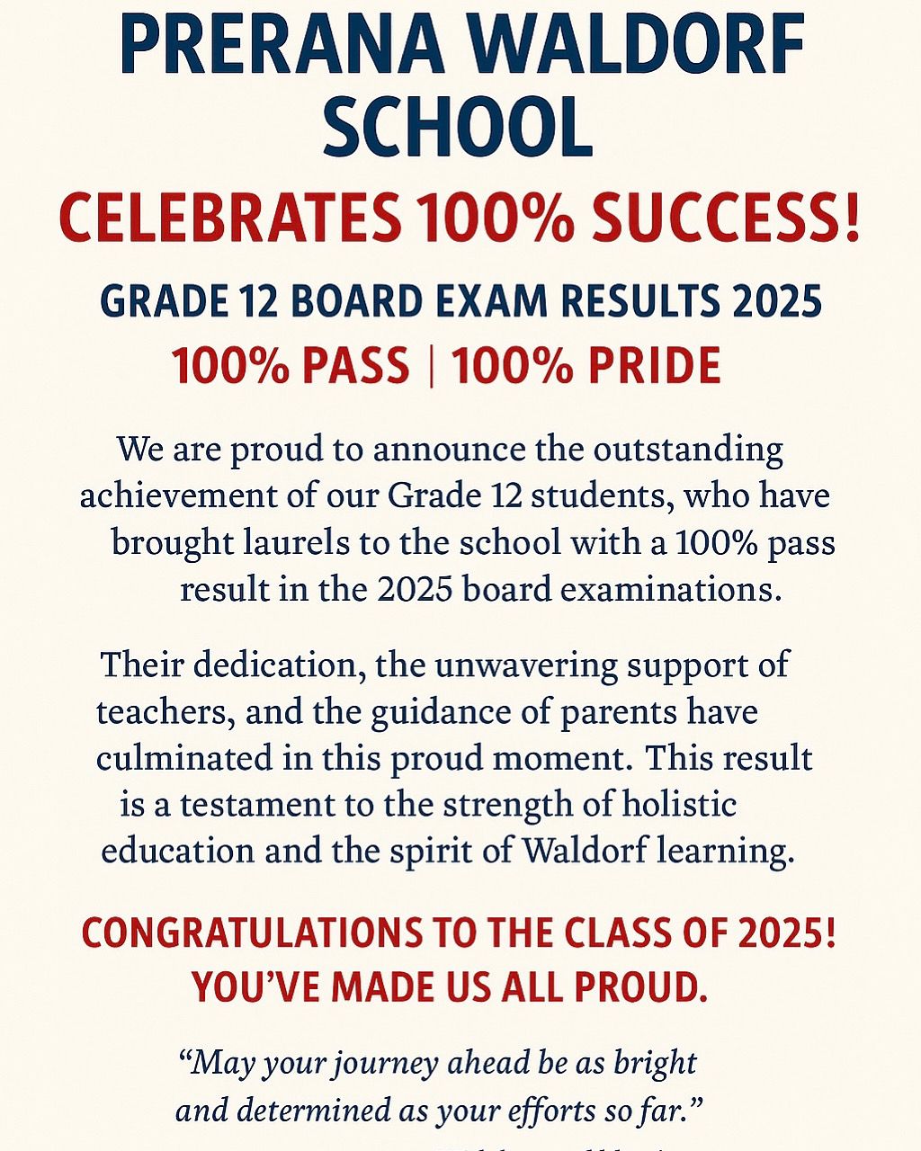 100% Pass – CBSE Grade 12 Board Exams 2025 – Prerana Waldorf School